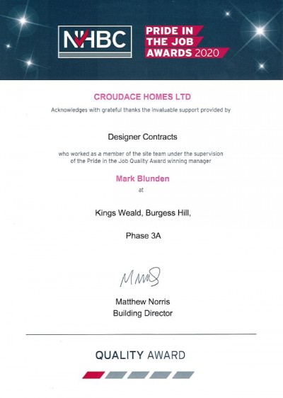 NHBC Pride In The Job Award 2020 – Designer Contracts